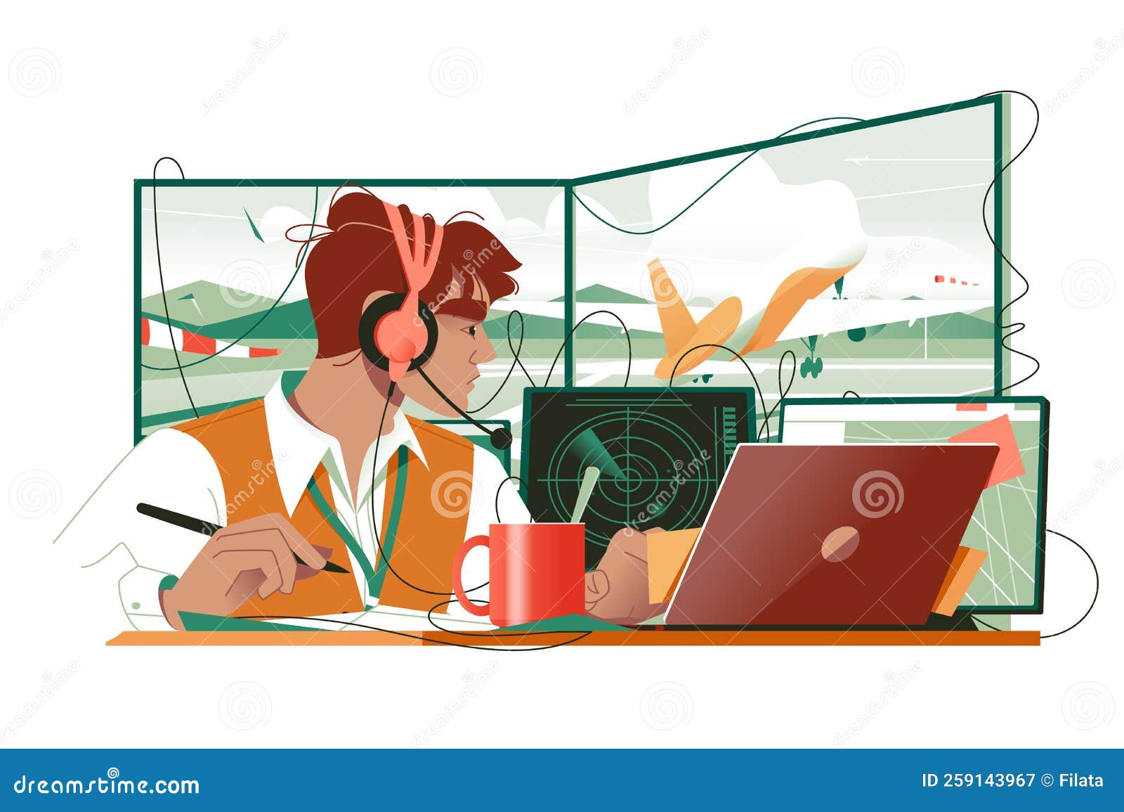Air Traffic Controller Managing Airplanes Flights Stock Illustration ...