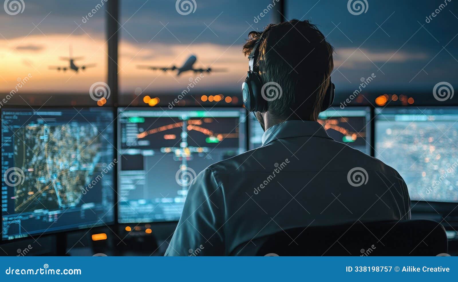 Air Traffic Controller Managing Airplanes in Tower. Concept of Aviation ...