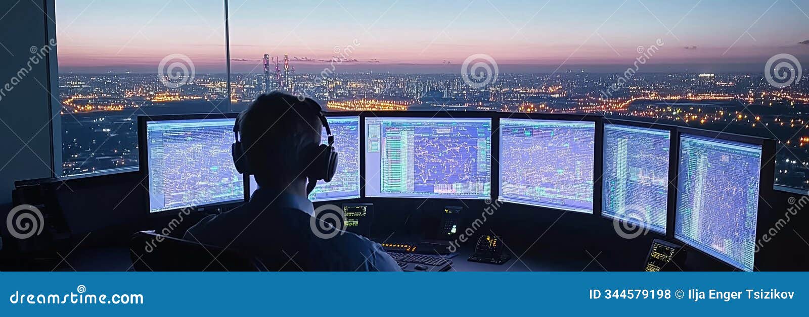 Air Traffic Controller Monitors Flight Data at Dusk on Multiple Screens ...