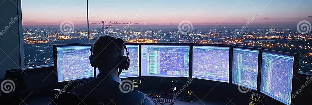 Air Traffic Controller Monitors Flight Data at Dusk on Multiple Screens ...