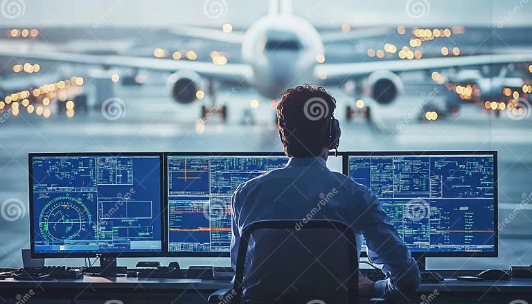 Air Traffic Controller Monitors Flight Data on Multiple Computer ...