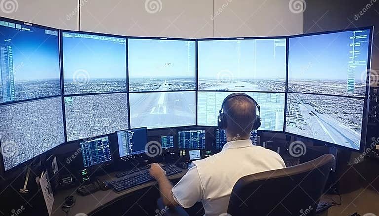 Air Traffic Controller Monitors Flight Data on Multiple Computer ...
