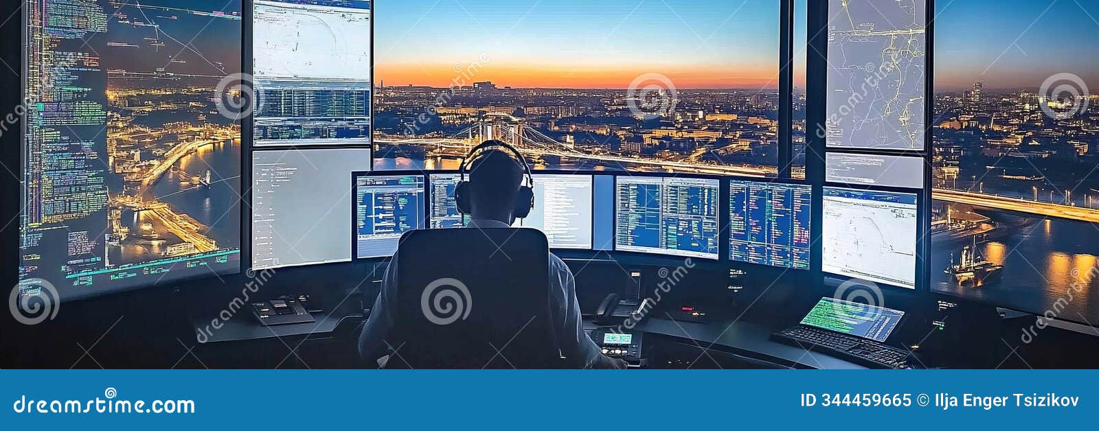 Air Traffic Controller Monitors Flight Data on Multiple Screens in ...