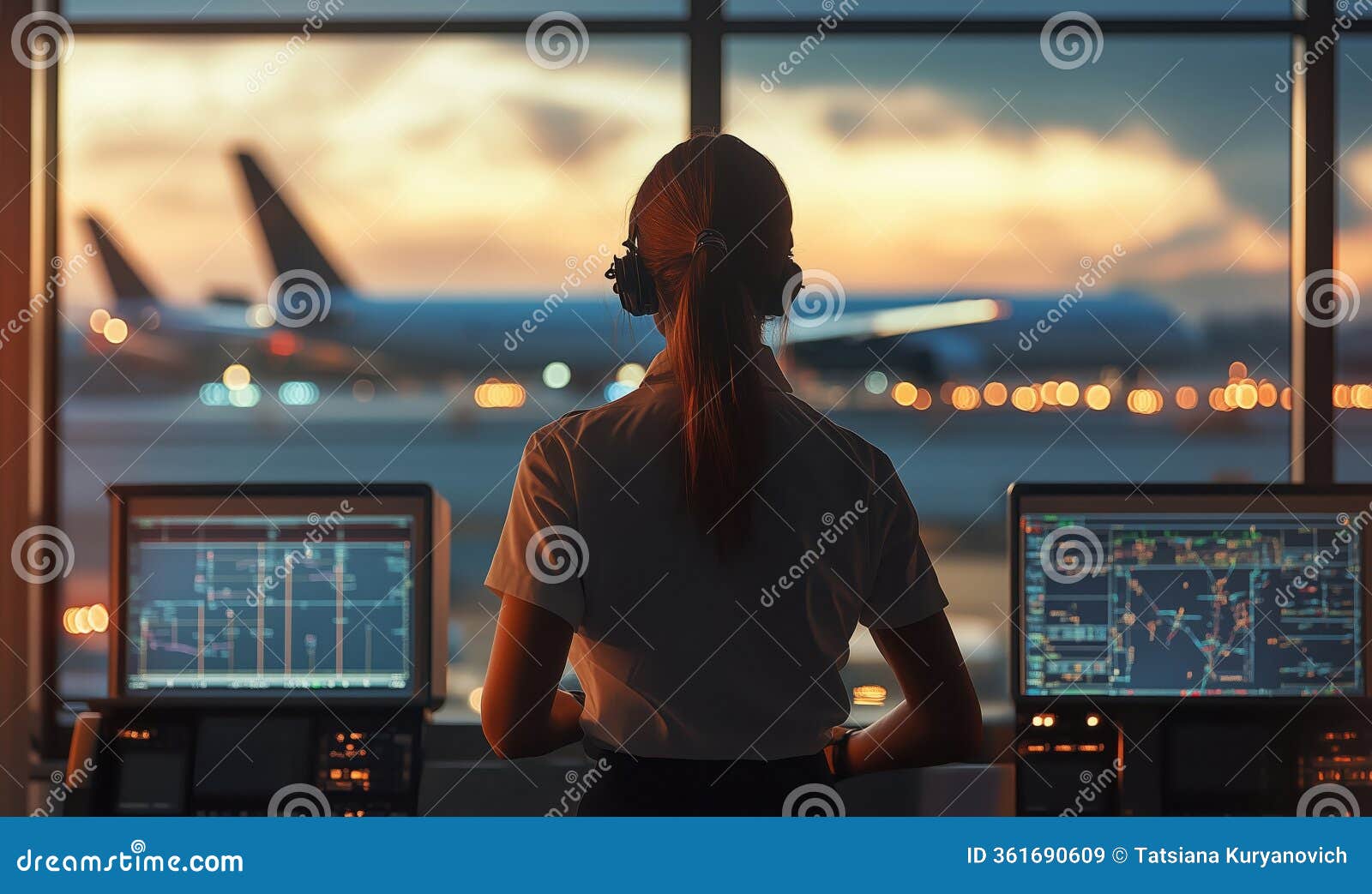 Air Traffic Controller Overseeing Airport Operations during Sunset with ...