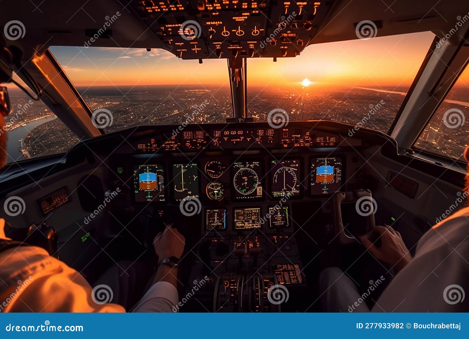 Airborne at Sunset, Pilot in Cockpit of Modern Aircraft, Generative Ai ...