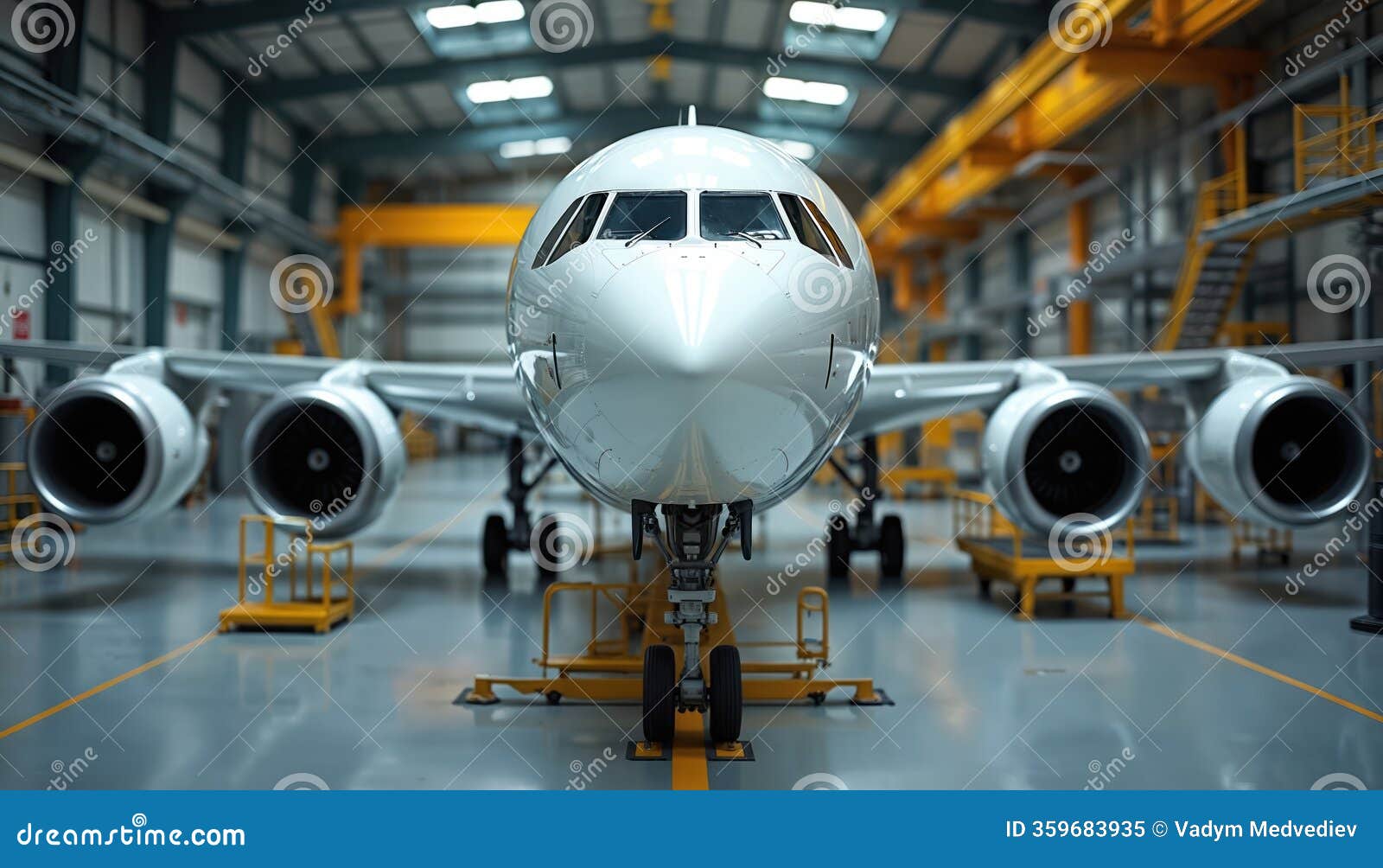 Aircraft Assembly Process in Hangar. White Airplane in Maintenance ...