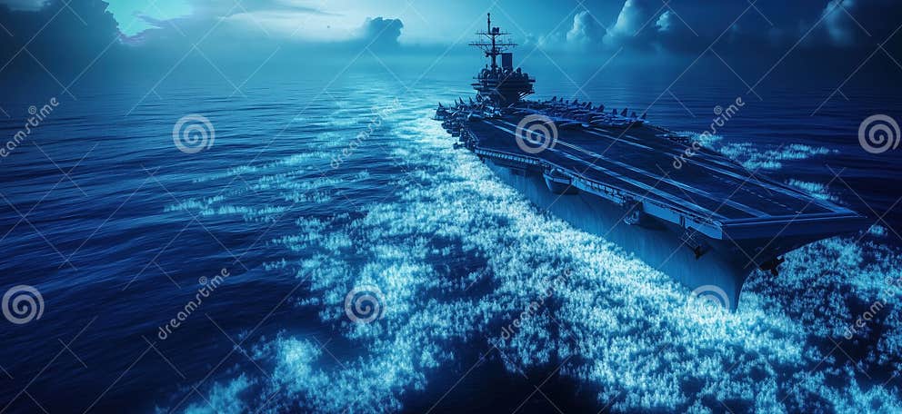 Aircraft Carrier Navigating through Ocean Waves at Dusk with Dramatic ...
