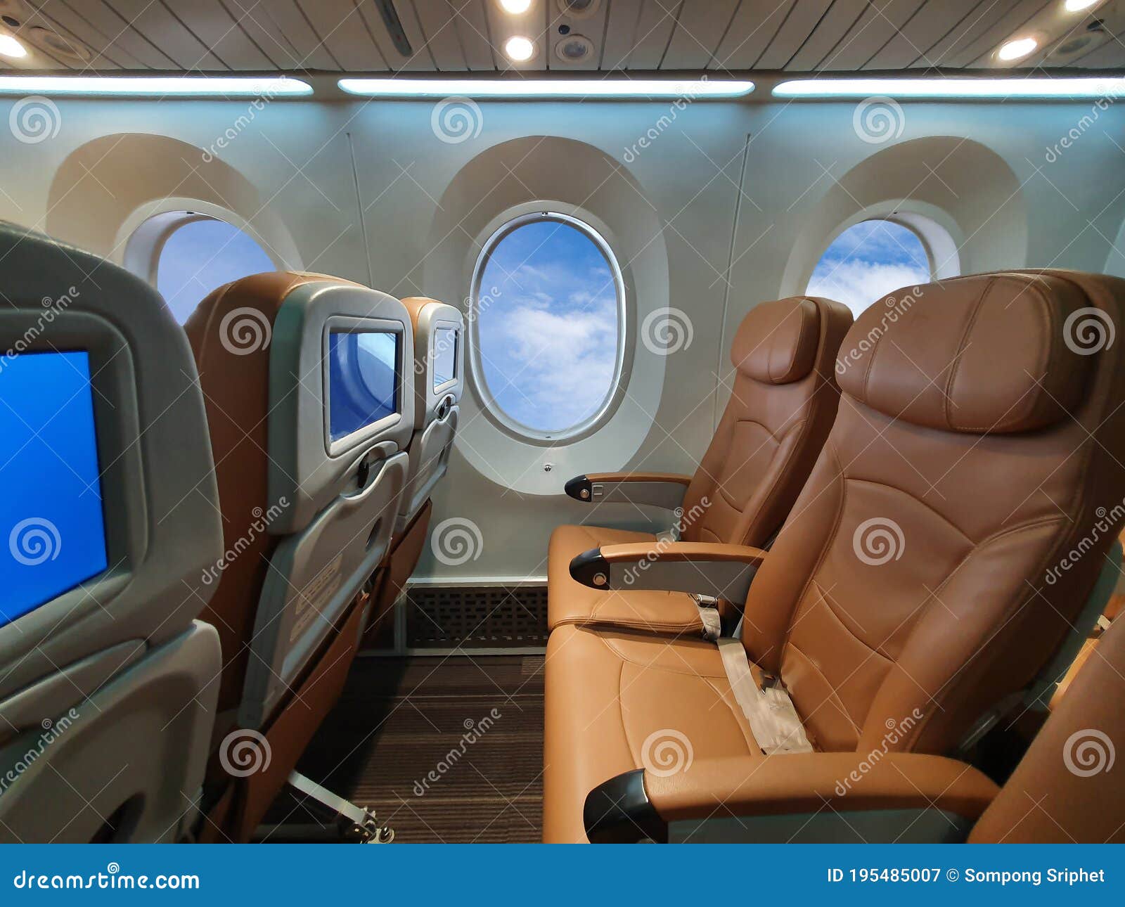 Aircraft Chair by Line Inside the Plane Stock Image - Image of window ...