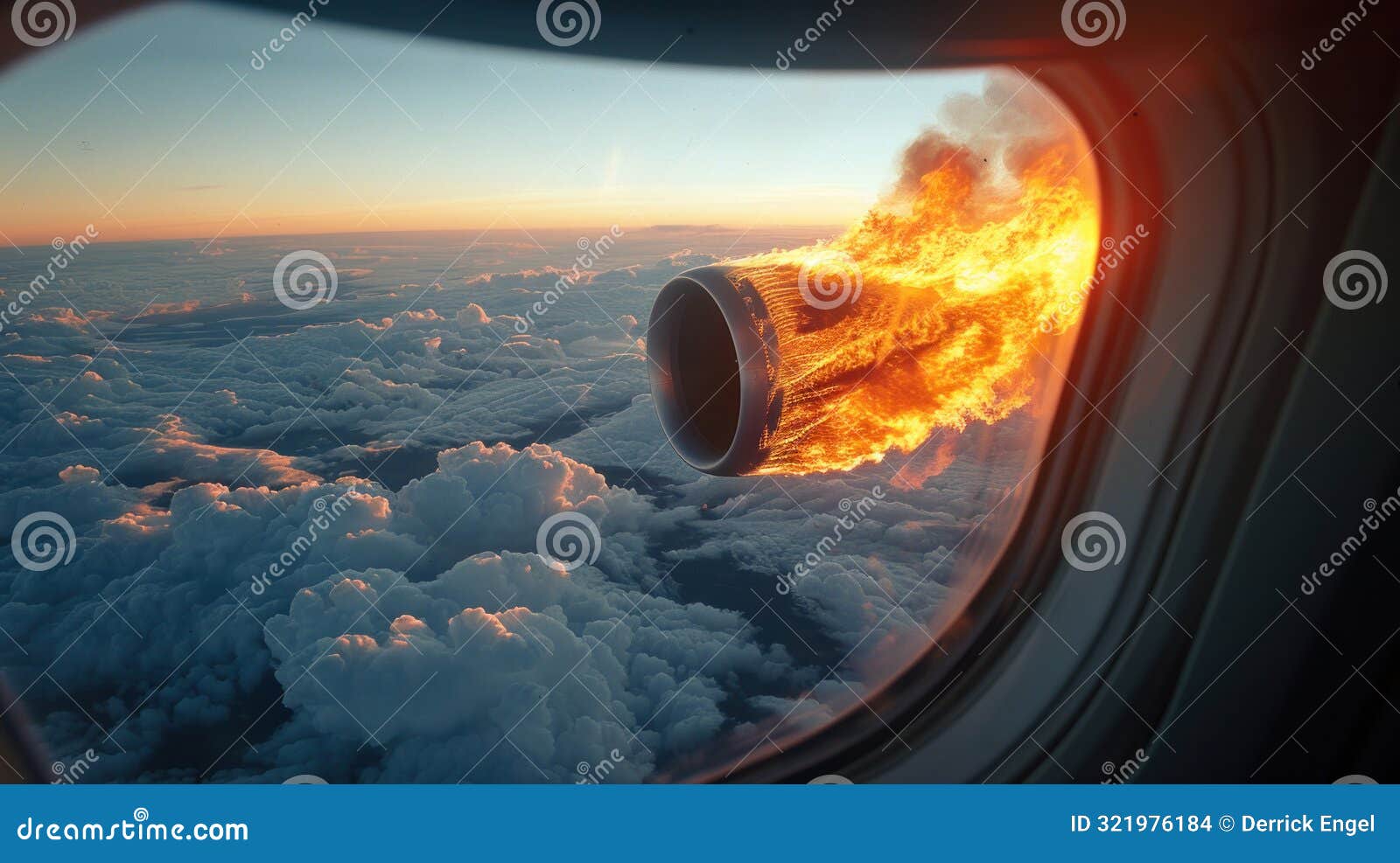 Aircraft Engine on Fire Viewed from Window during Flight Stock ...