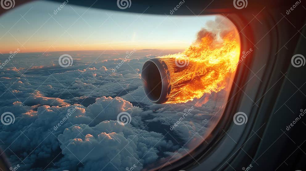 Aircraft Engine on Fire Viewed from Window during Flight Stock ...