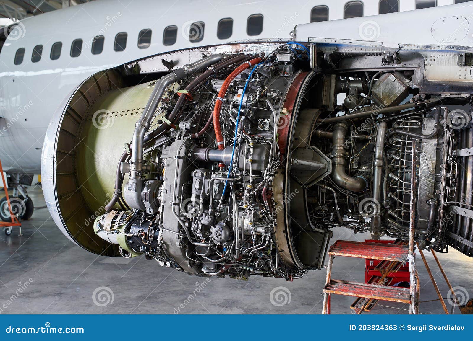 Aircraft Engine Servicing - Opened Panels of a Large Engine of Parked ...