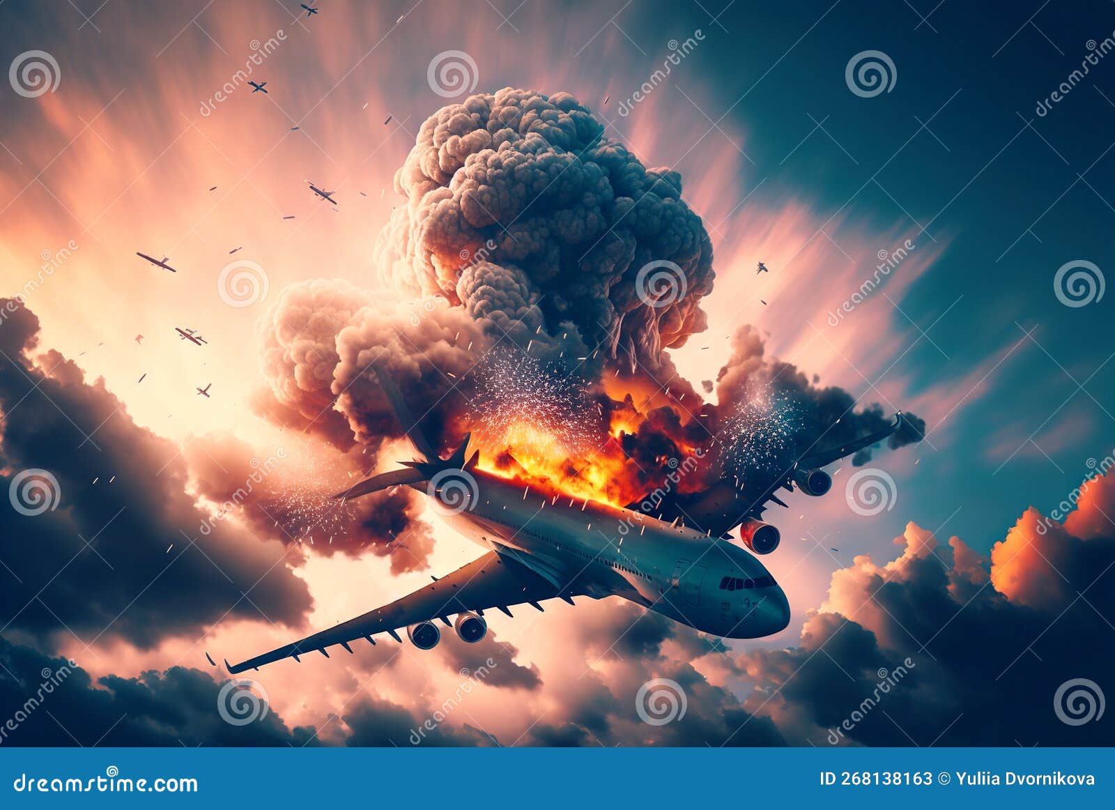 Aircraft Explosion during Flight. Airliner Catastrophe. Plane Accident ...
