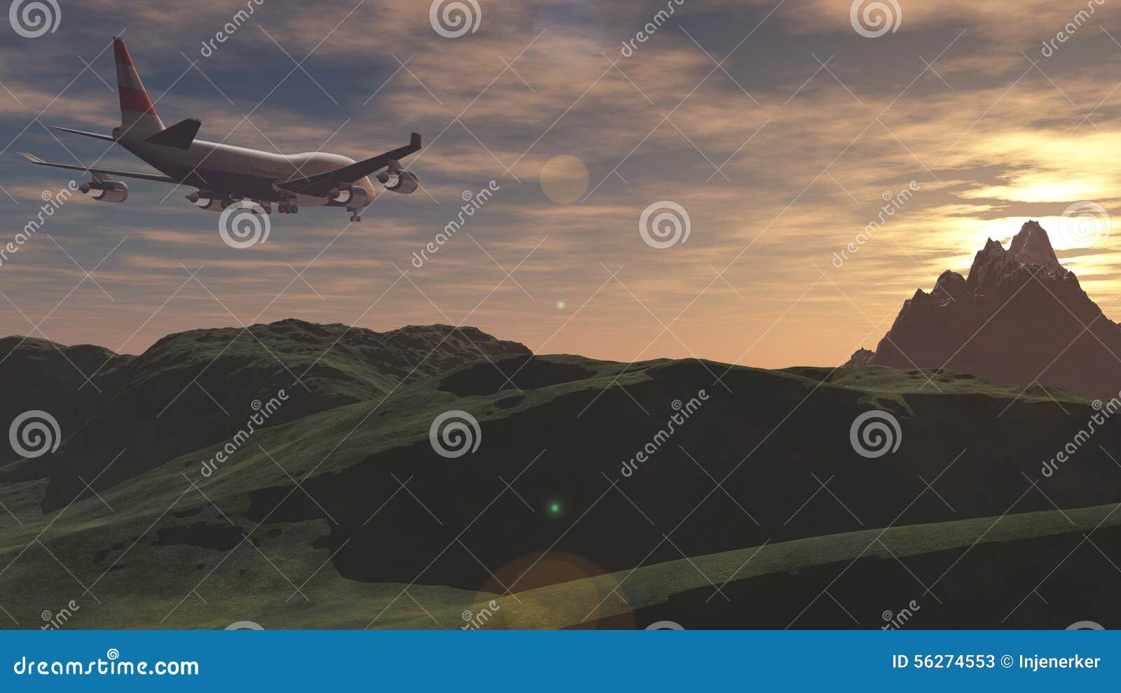 The Aircraft Flies Over the Mountains at Sunset Stock Image - Image of ...