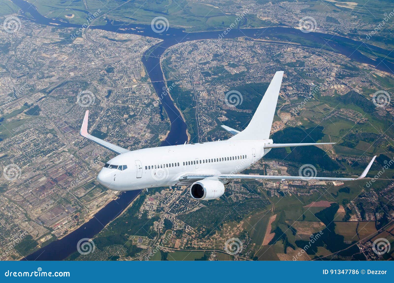 Aircraft at Flight Level, Flying Over the City Landscape River Stock ...