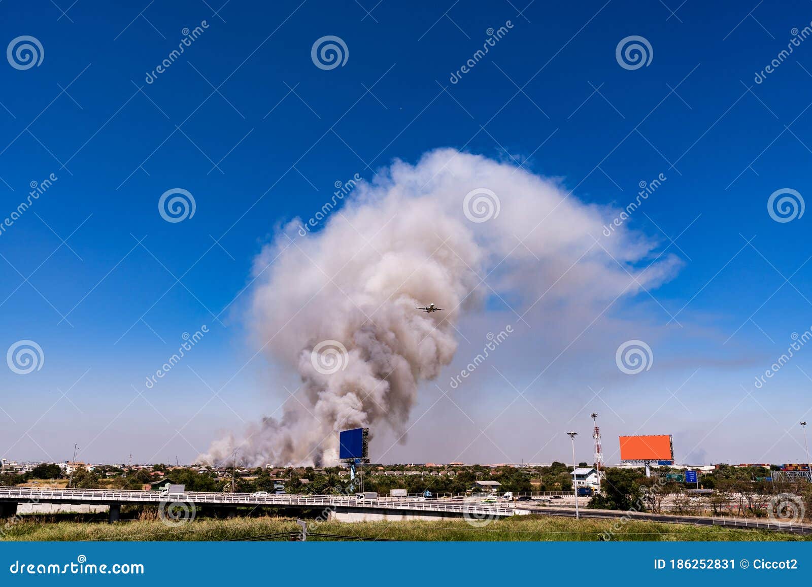 Aircraft Fly Pass through Fire and Giant Smoke Stock Image - Image of ...
