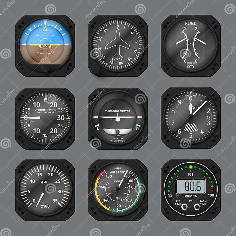 Aircraft Indicators Control Panel Set Realistic Vector Illustration ...