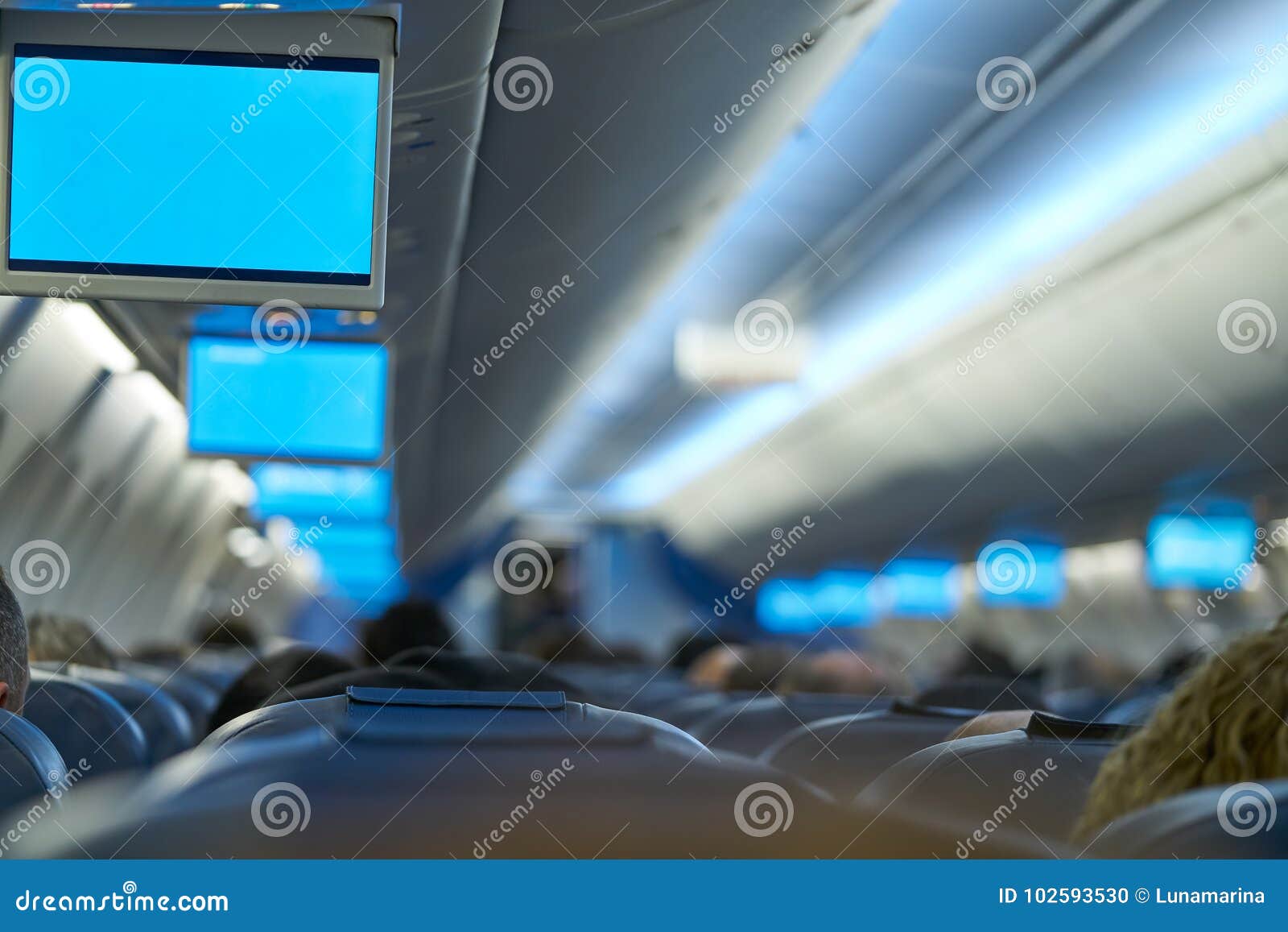 Aircraft Indoor Tv Screens in a Row Stock Photo - Image of interior ...