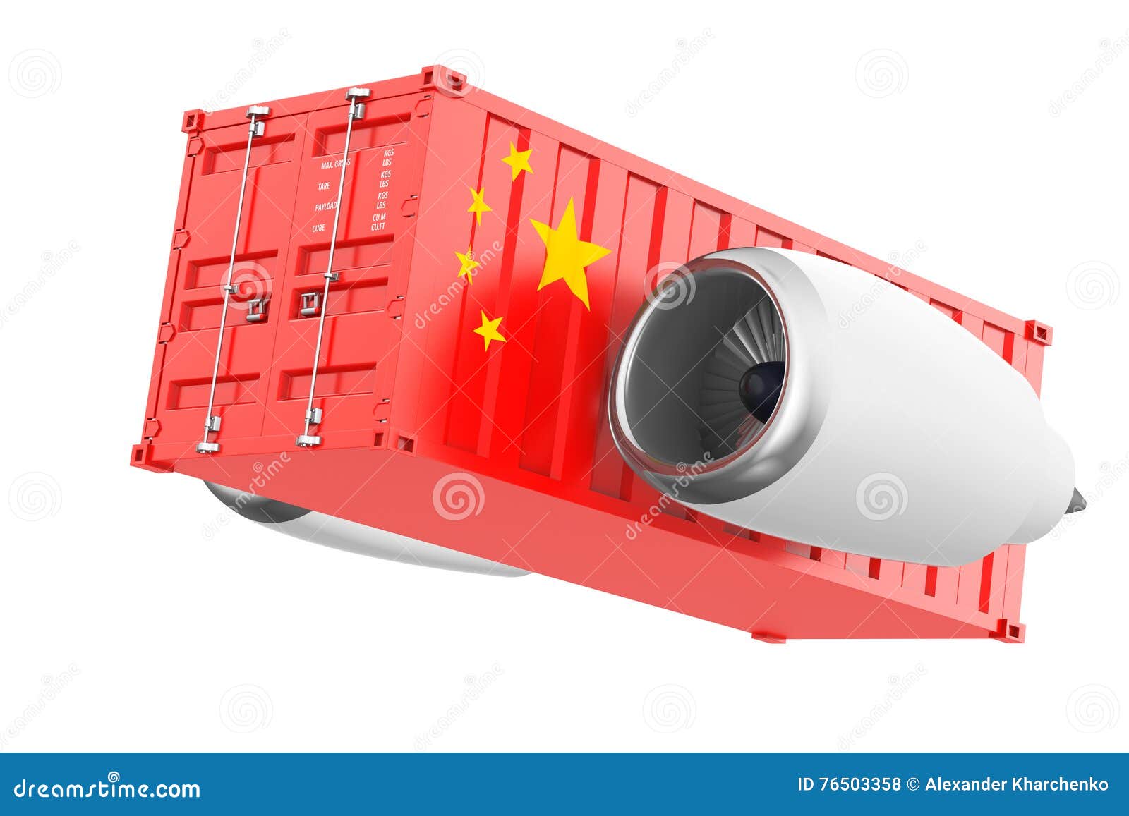 Aircraft Jet Engine with China Flag Shipping Container. 3d Rende Stock ...