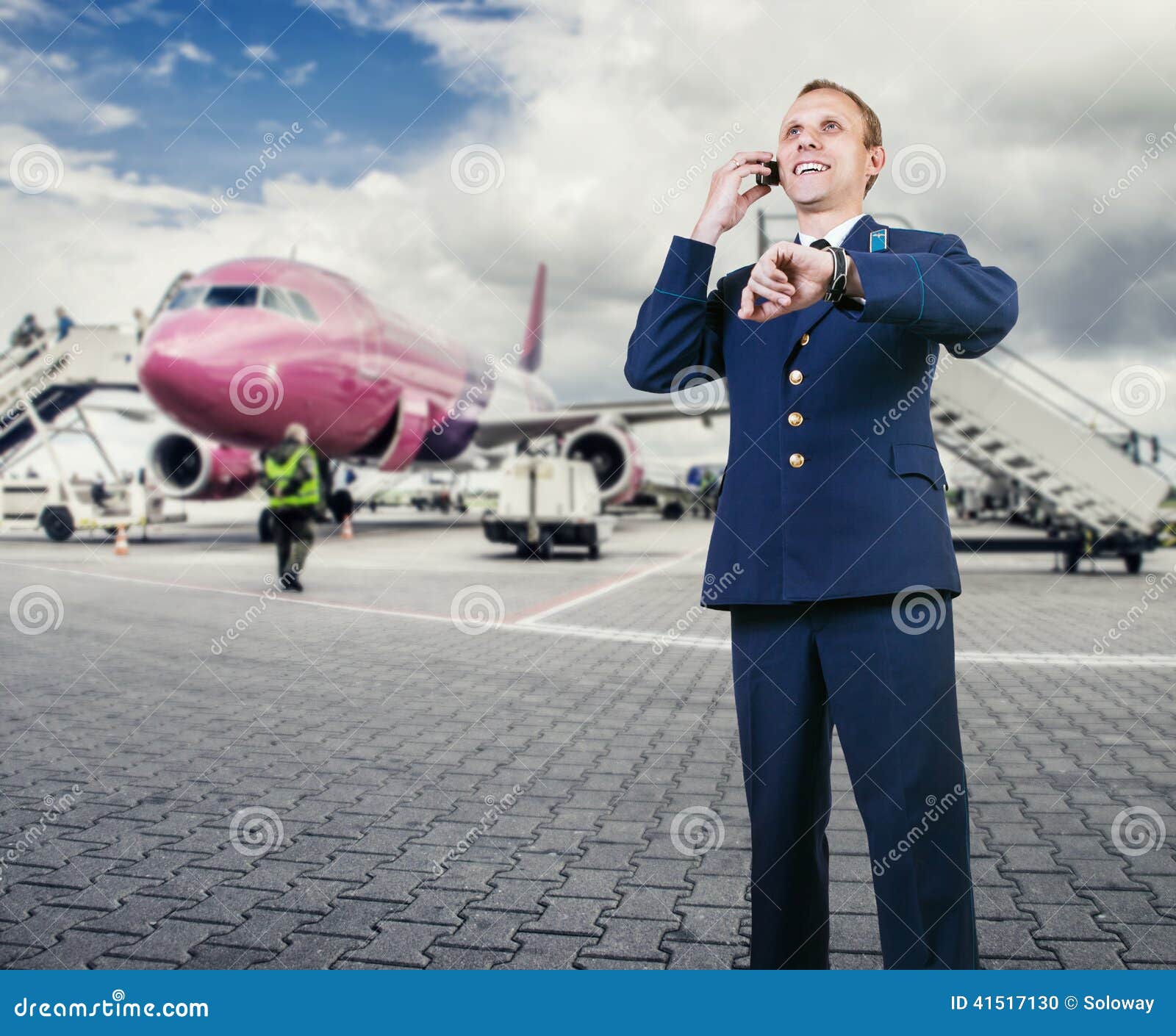 Aircraft Pilot Talking by Phone on Airport Runway before Flight Stock ...