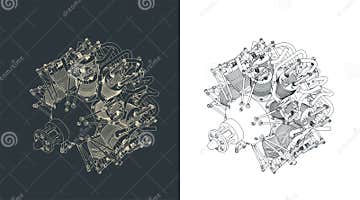 Aircraft Radial Engine Isometric Drawing Stock Vector - Illustration of ...