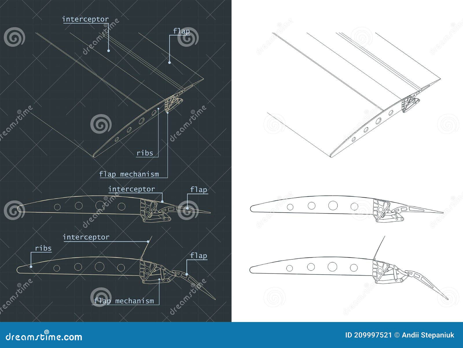 Aircraft Wing Structure and Flaps Systems Blueprints Stock Vector ...