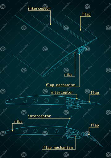 Aircraft Wing Structure and Flaps Systems Blueprints Stock Vector ...