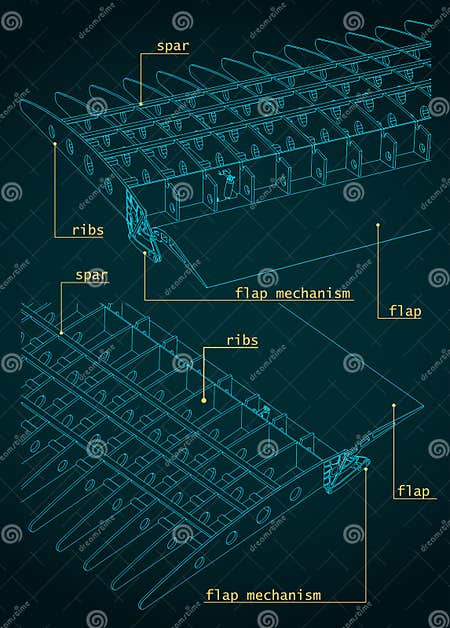 Aircraft Wing Structure and Flaps Systems Drawings Stock Vector ...
