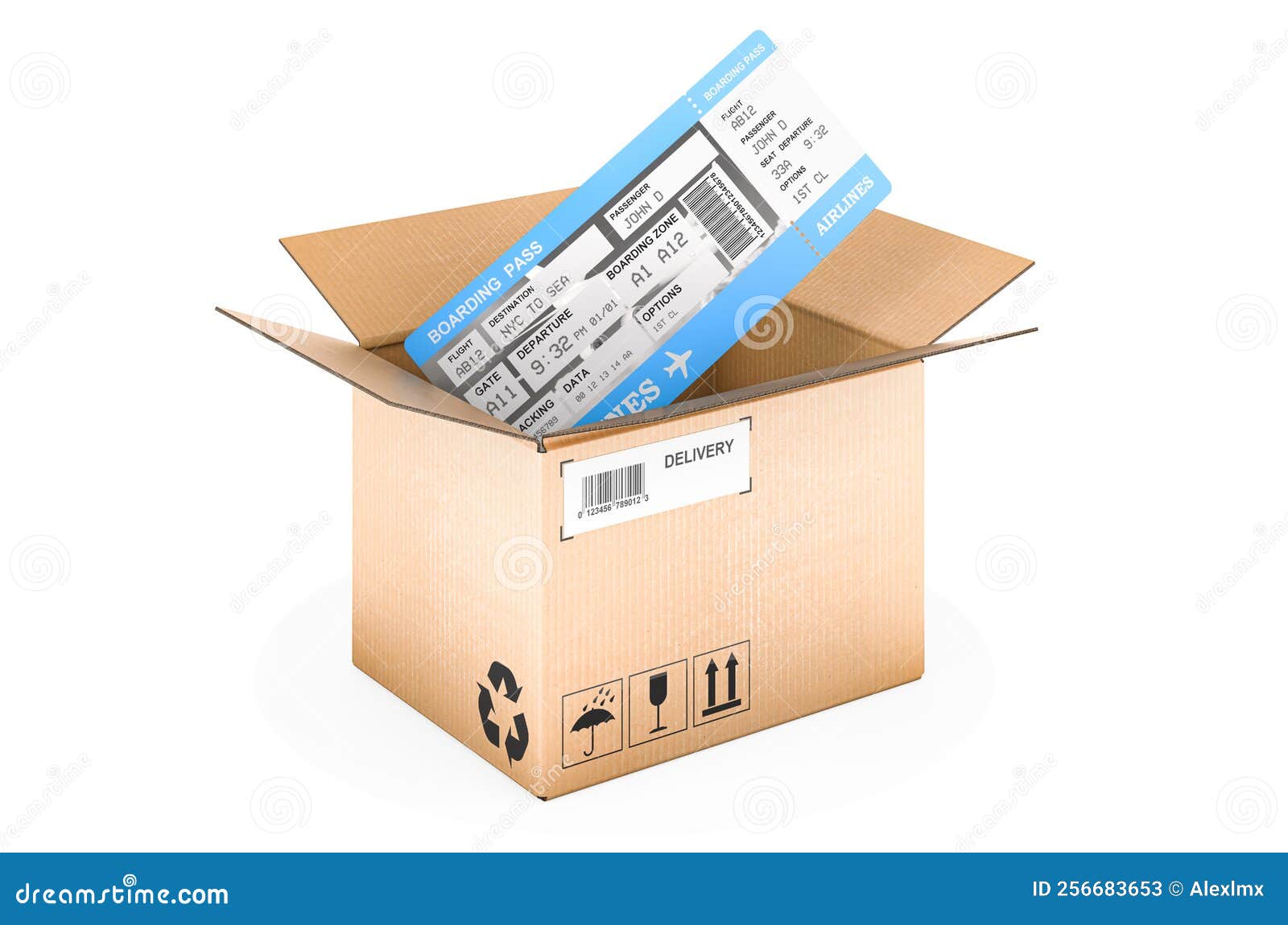 Airline Boarding Pass Ticket Inside Parcel, 3D Rendering Stock ...