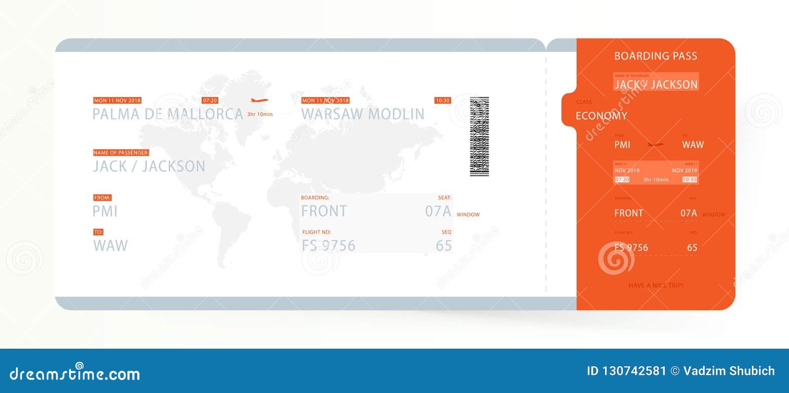 Airline Boarding Pass with World Map. Template Ticket for Traveling on ...