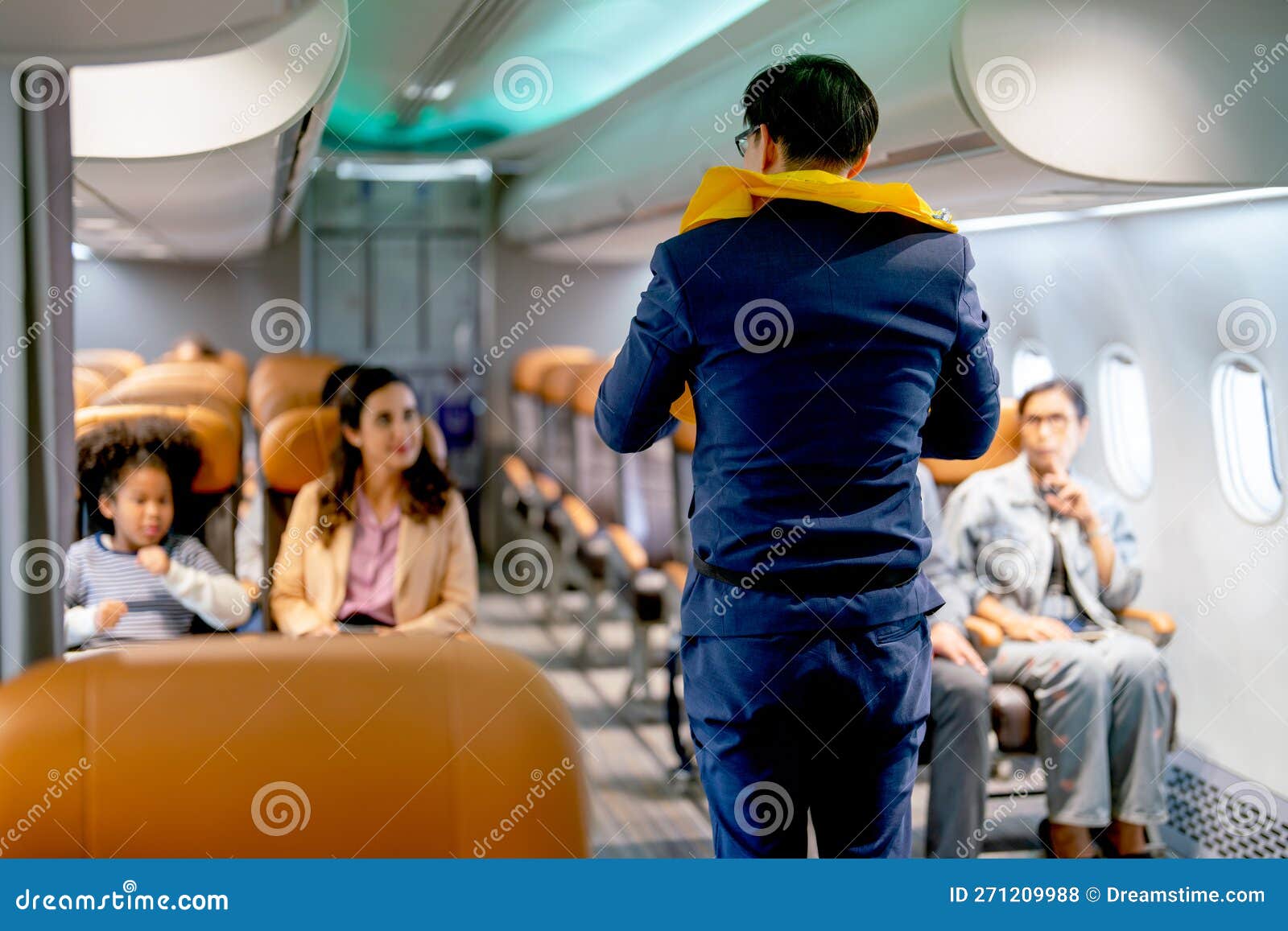 Airline Staff Man Demonstration and Explain about Safety Tools Stock ...