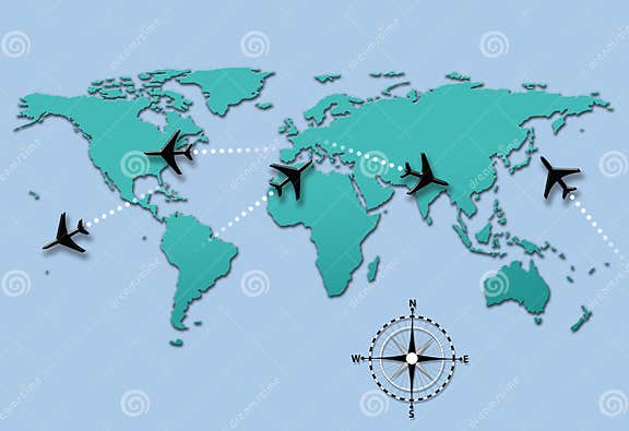 Airline Travel Plane Flight Paths on World Map Stock Illustration ...