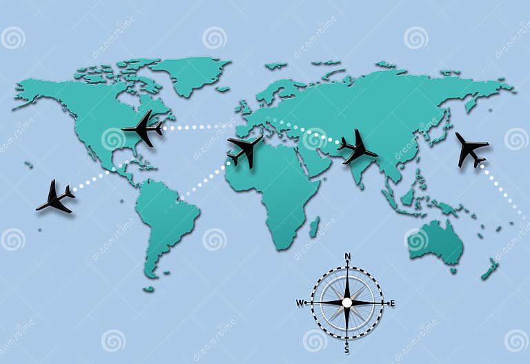 Airline Travel Plane Flight Paths on World Map Stock Illustration ...
