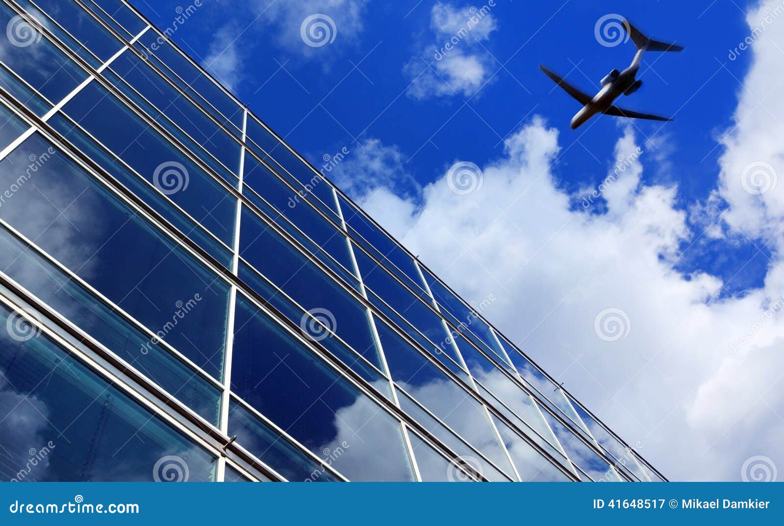 Airliner Flying Over Office Buildings Stock Image - Image of travel ...