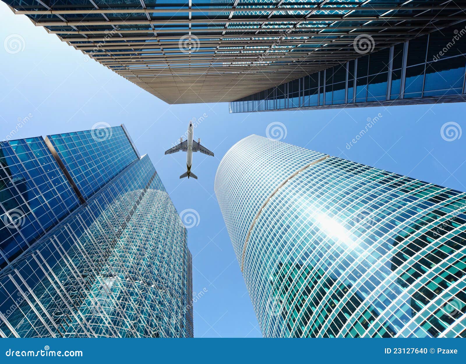 Airliner Flying Over Skyscrapers Stock Photo - Image of mirror ...
