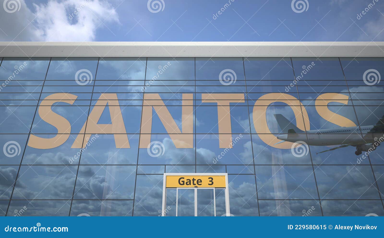 Airliner Reflecting in the Windows of Airport Terminal with SANTOS Text ...
