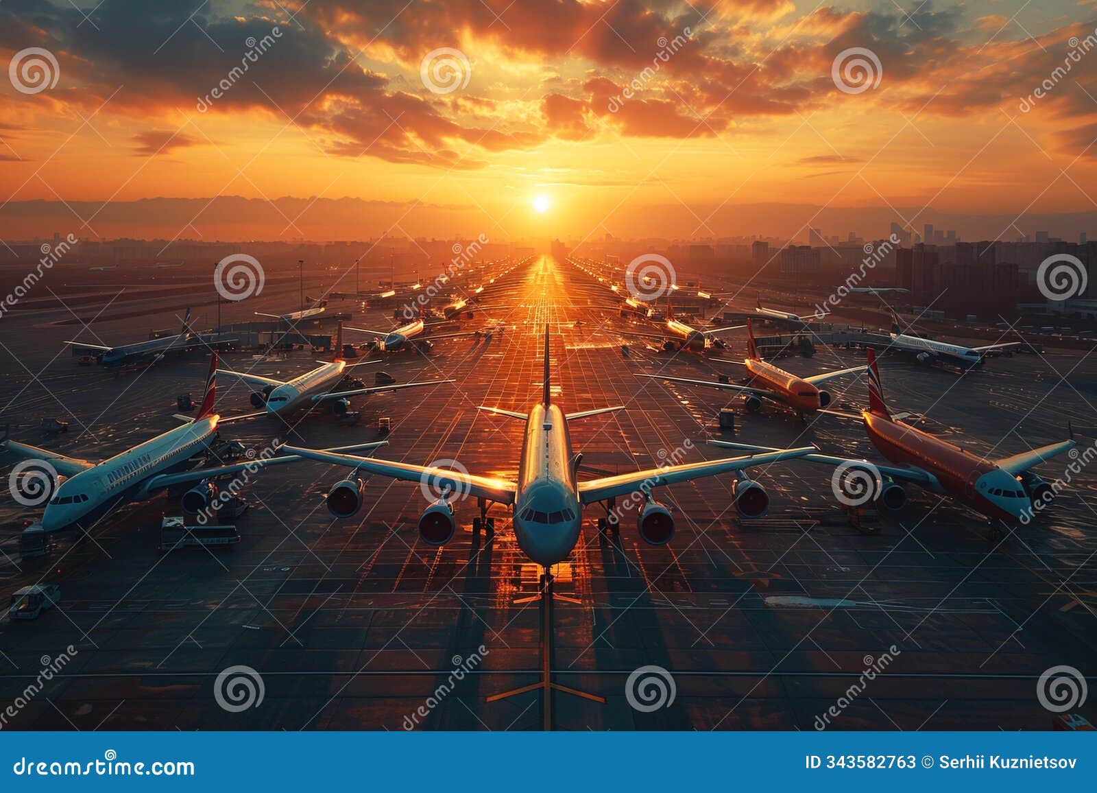 Airliners Planes Park on the Airfield at Sunset Ready for Takeoff ...