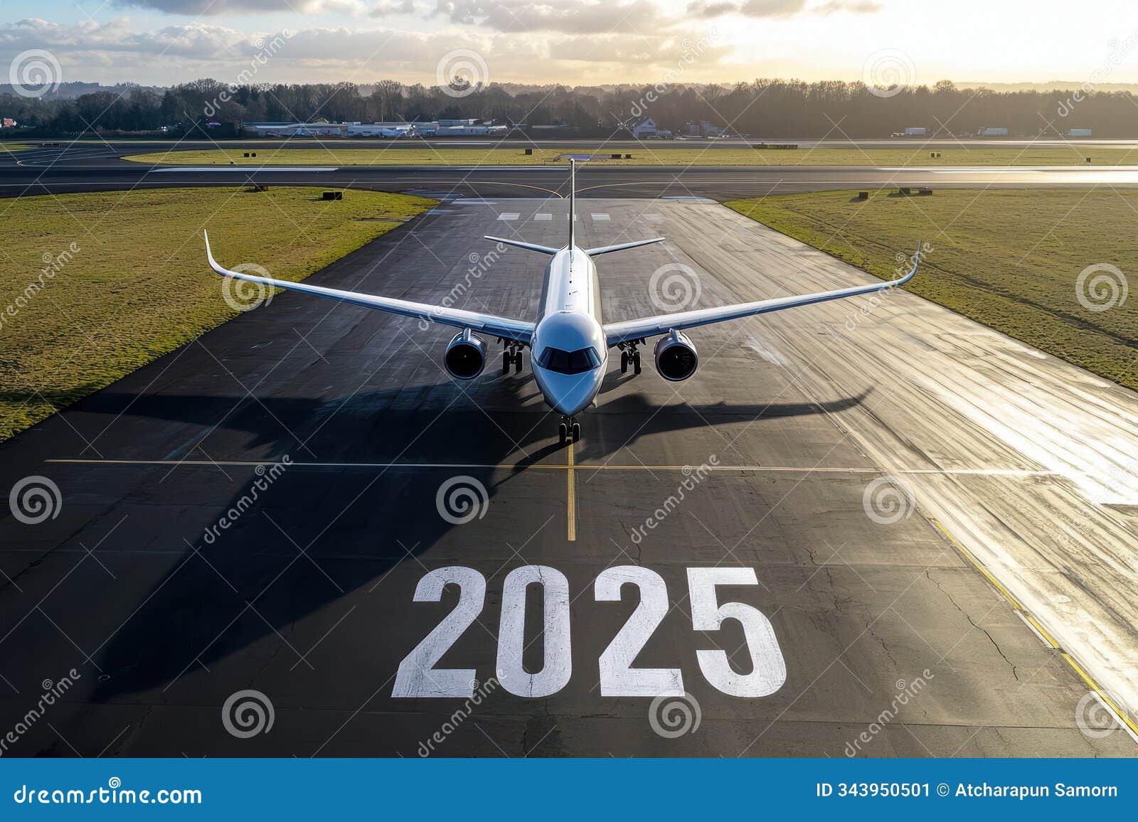 Airplane on 2025 Runway with Vibrant Sunset Background Stock Image ...