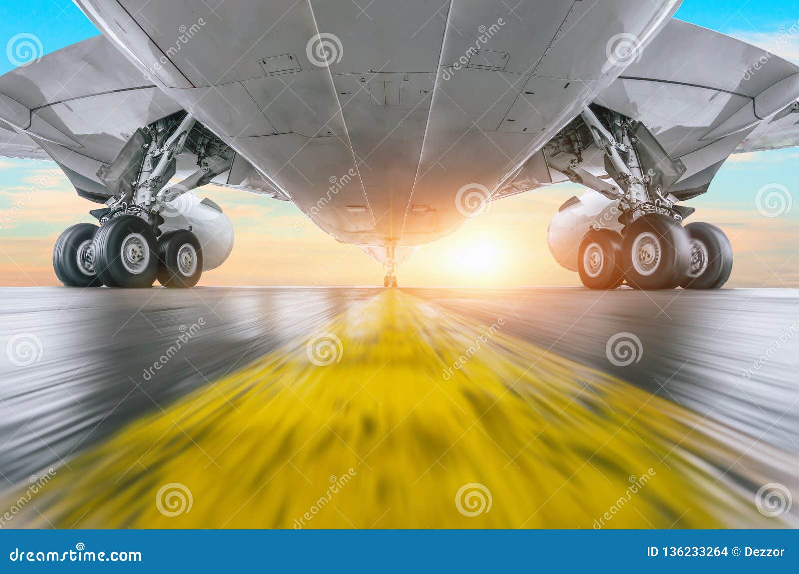 Airplane Accelerates at High Speed View from Below with Bright Light ...