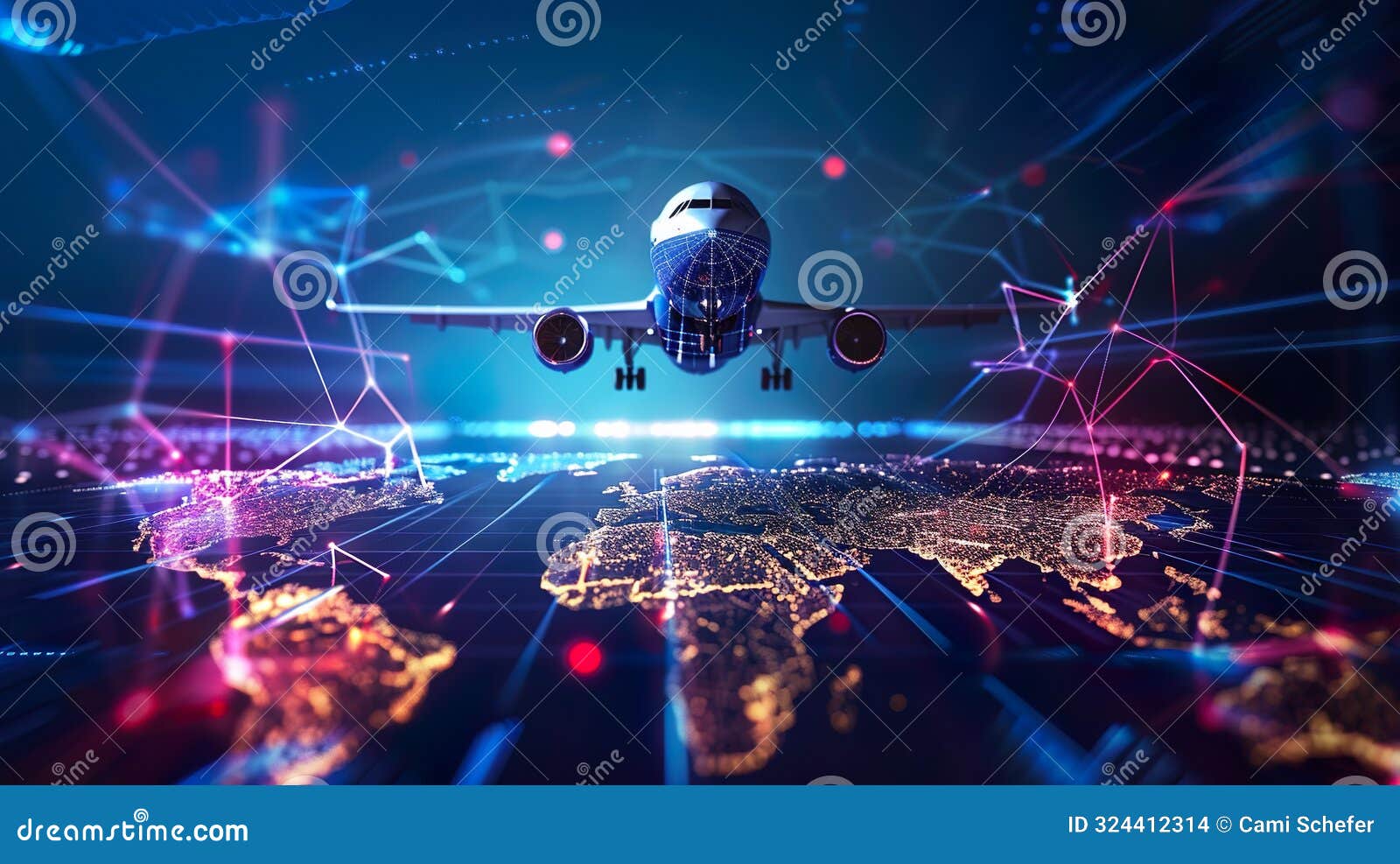 Airplane Approaching Digital World Map with Network Graphics Stock ...