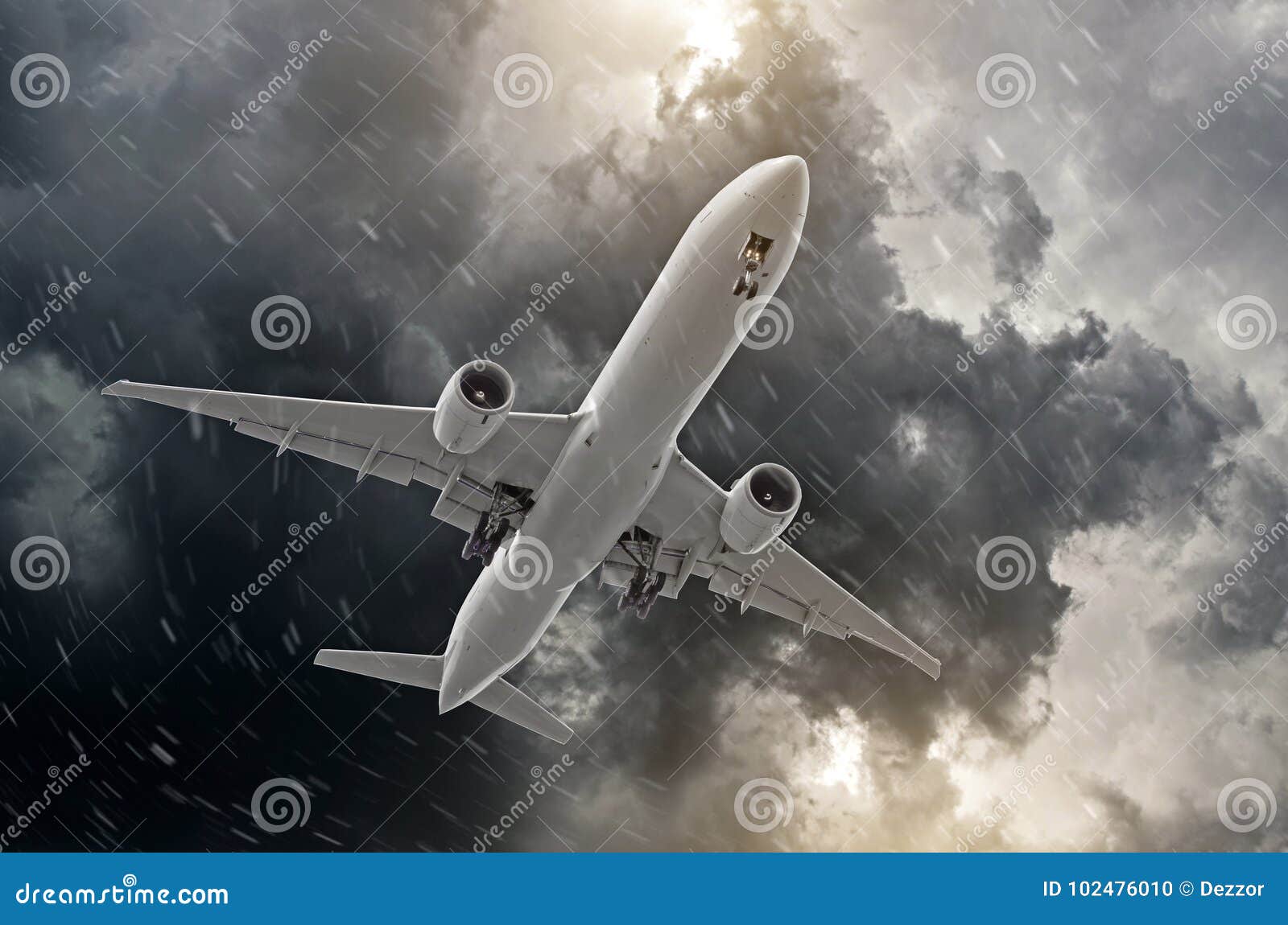 Airplane Approaching on a Landing in Bad Snow Weather. Stock Photo ...