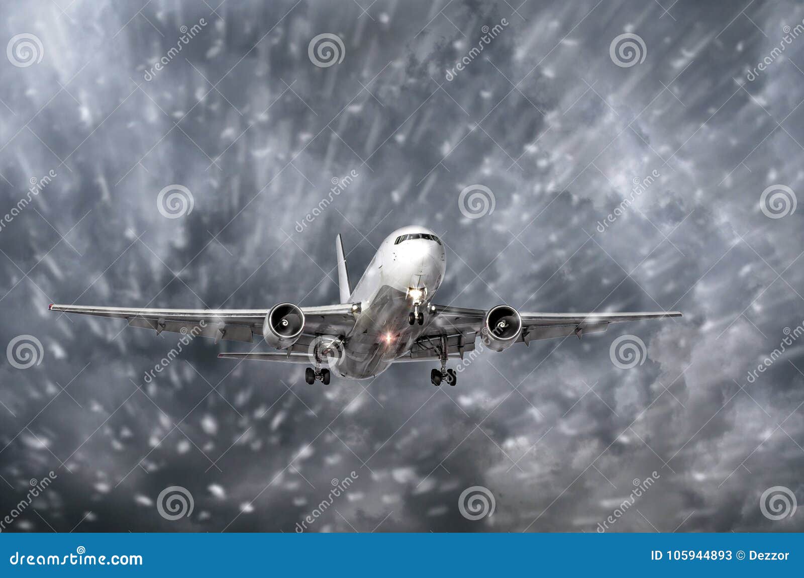 Airplane Approaching on a Landing in Snowstorm Bad Weather. Stock Image ...
