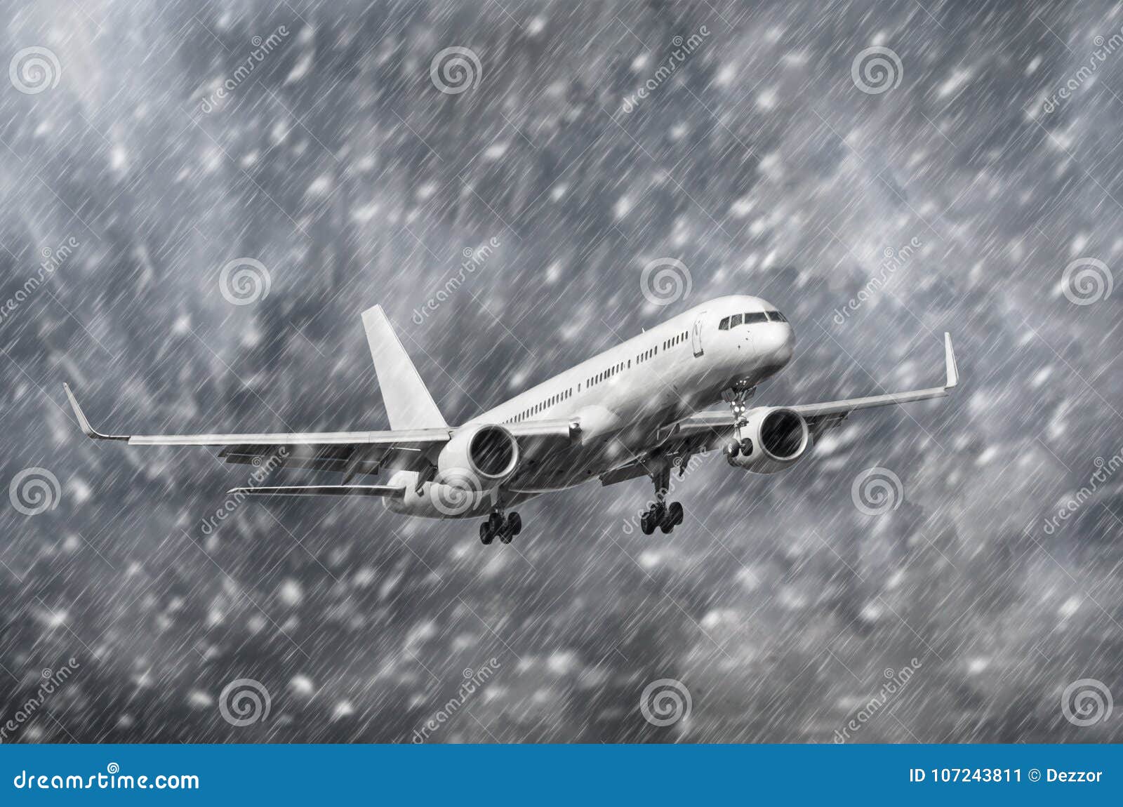 Airplane Approaching on a Landing in Snowstorm Bad Weather. Stock Image ...