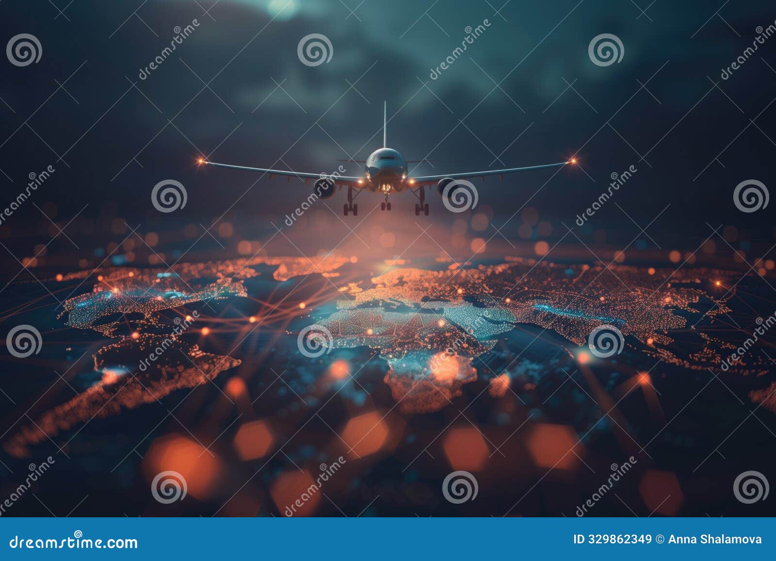 Airplane Approaching Runway Over Illuminated World Map Background ...