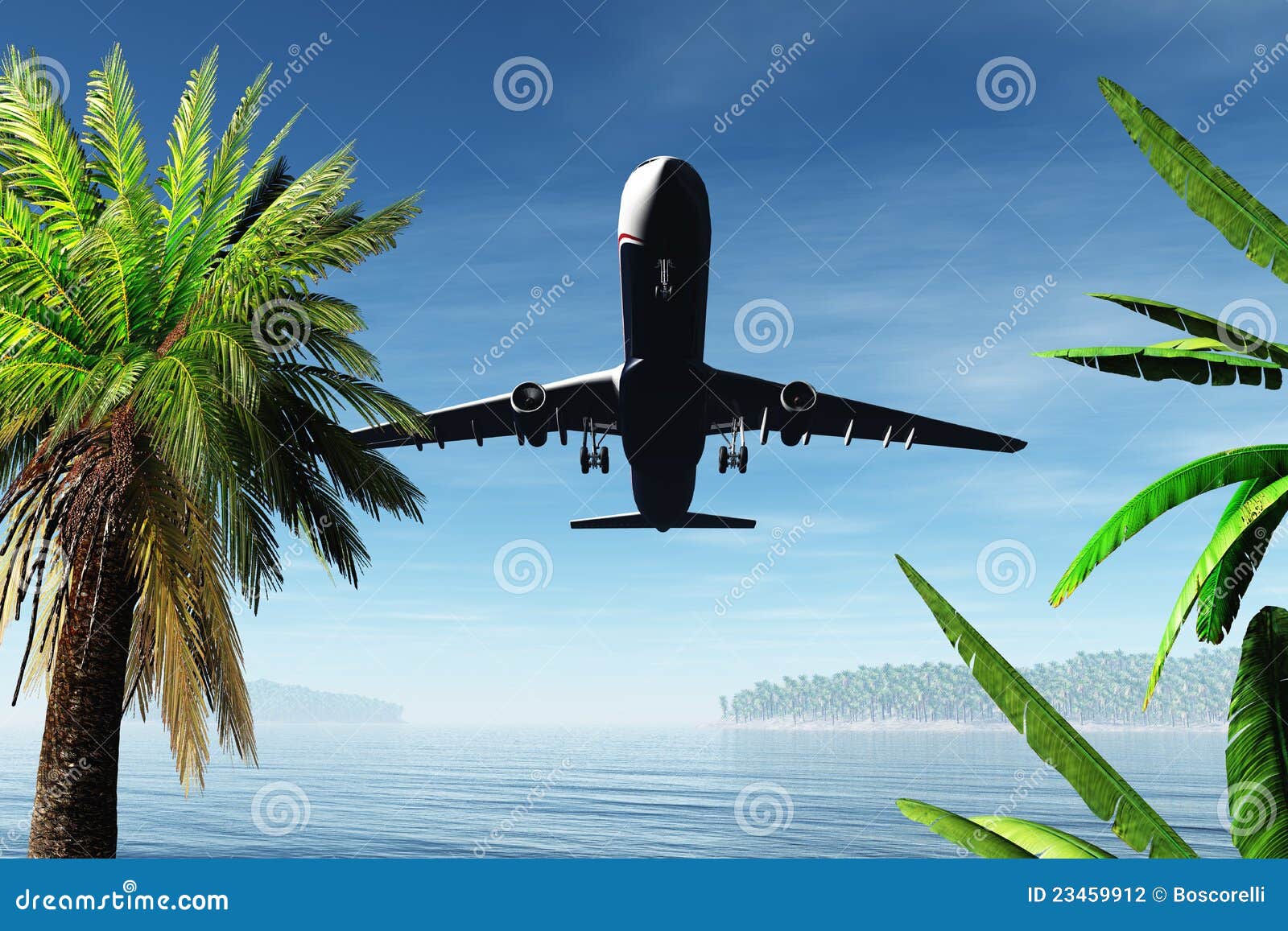 Airplane Arriving in Tropical Paradise 3D Render Stock Photo - Image of ...