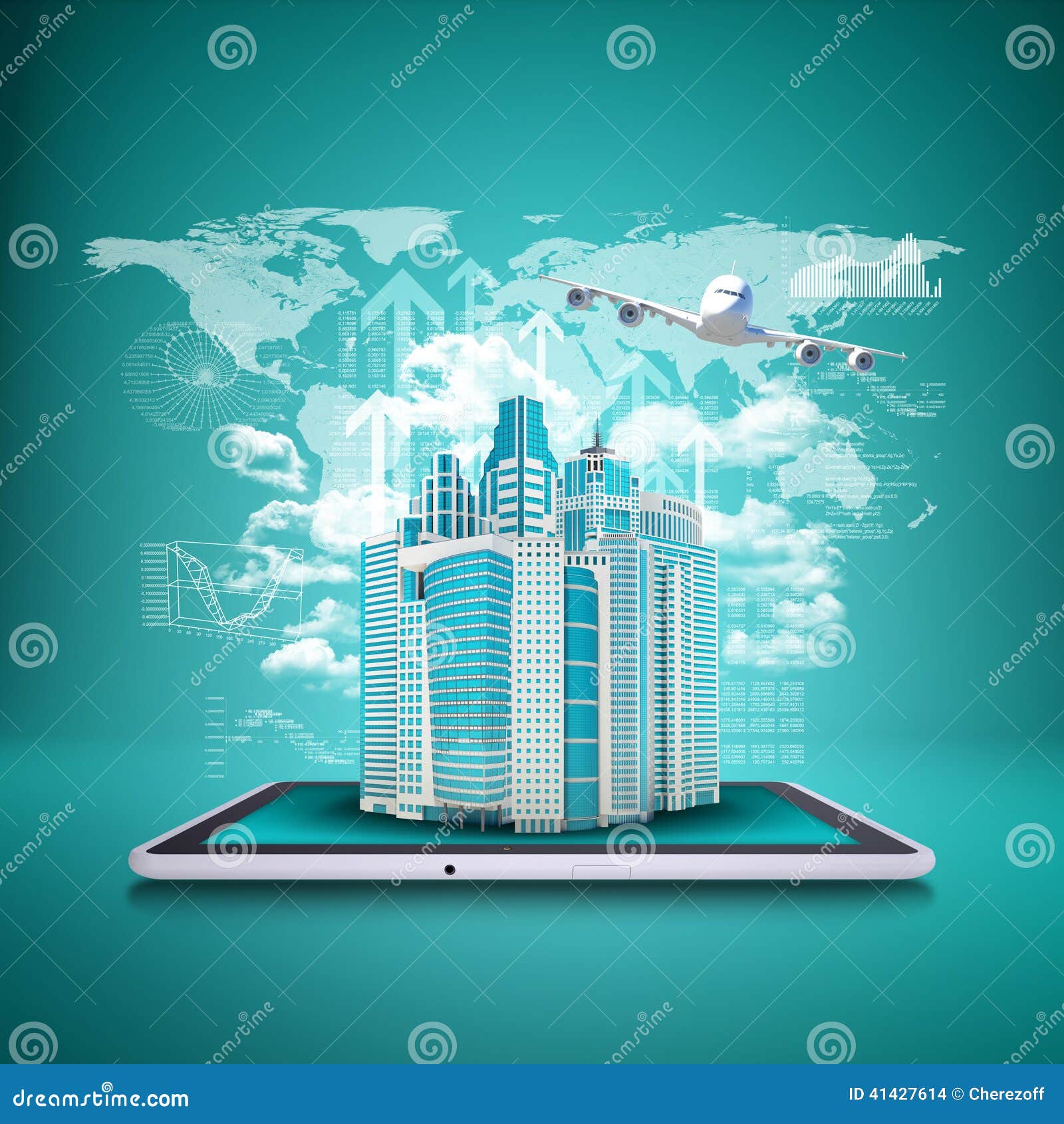 Airplane with Background of Skyscrapers on Tablet Stock Illustration ...