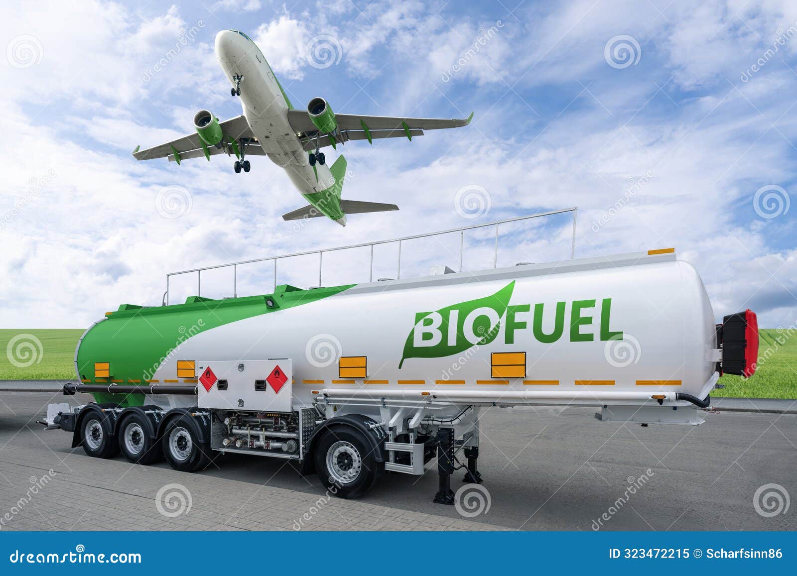 Airplane and Biofuel Tank Trailer. Decarbonization Concept Stock Image ...