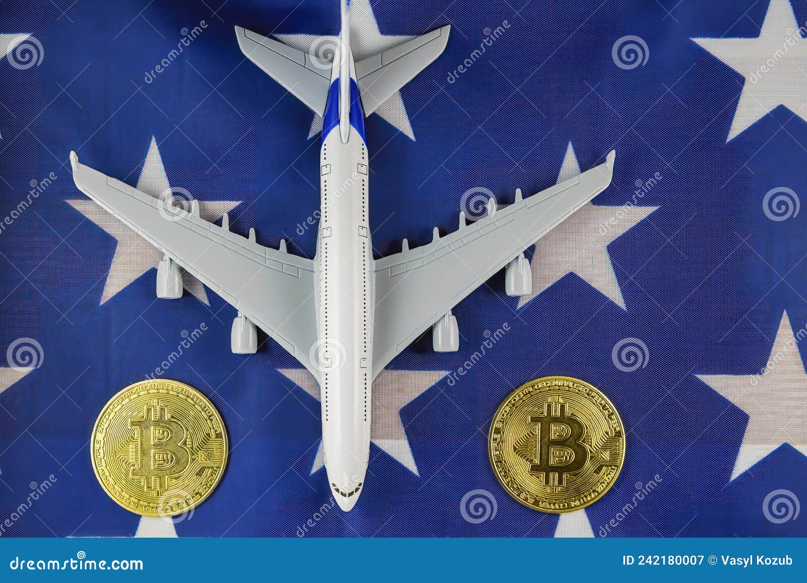 Plane and bitcoin coins editorial photography. Image of financial ...