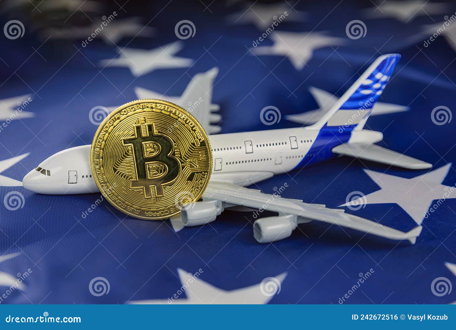 Plane and bitcoin coins stock photo. Image of trip, tourism - 242672516