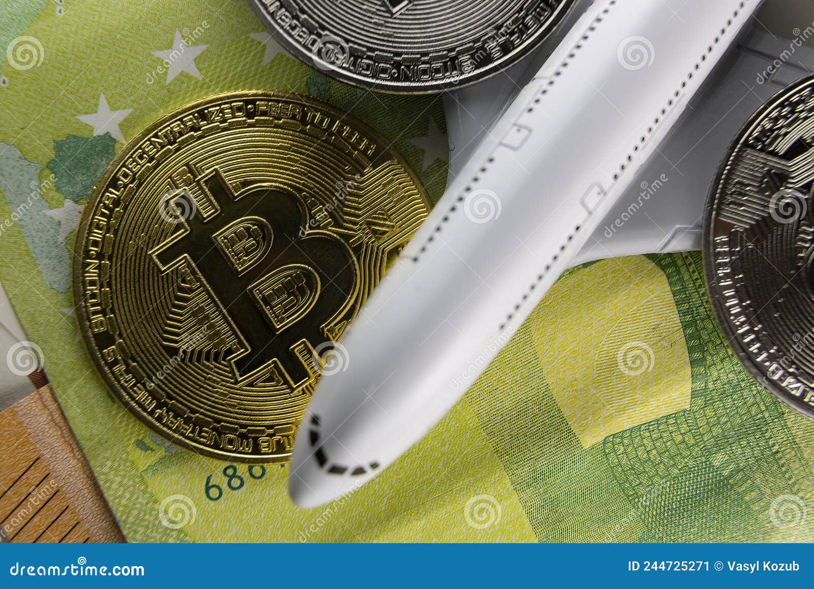 Airplane and Bitcoin Stand on Euro Banknotes Stock Image - Image of ...