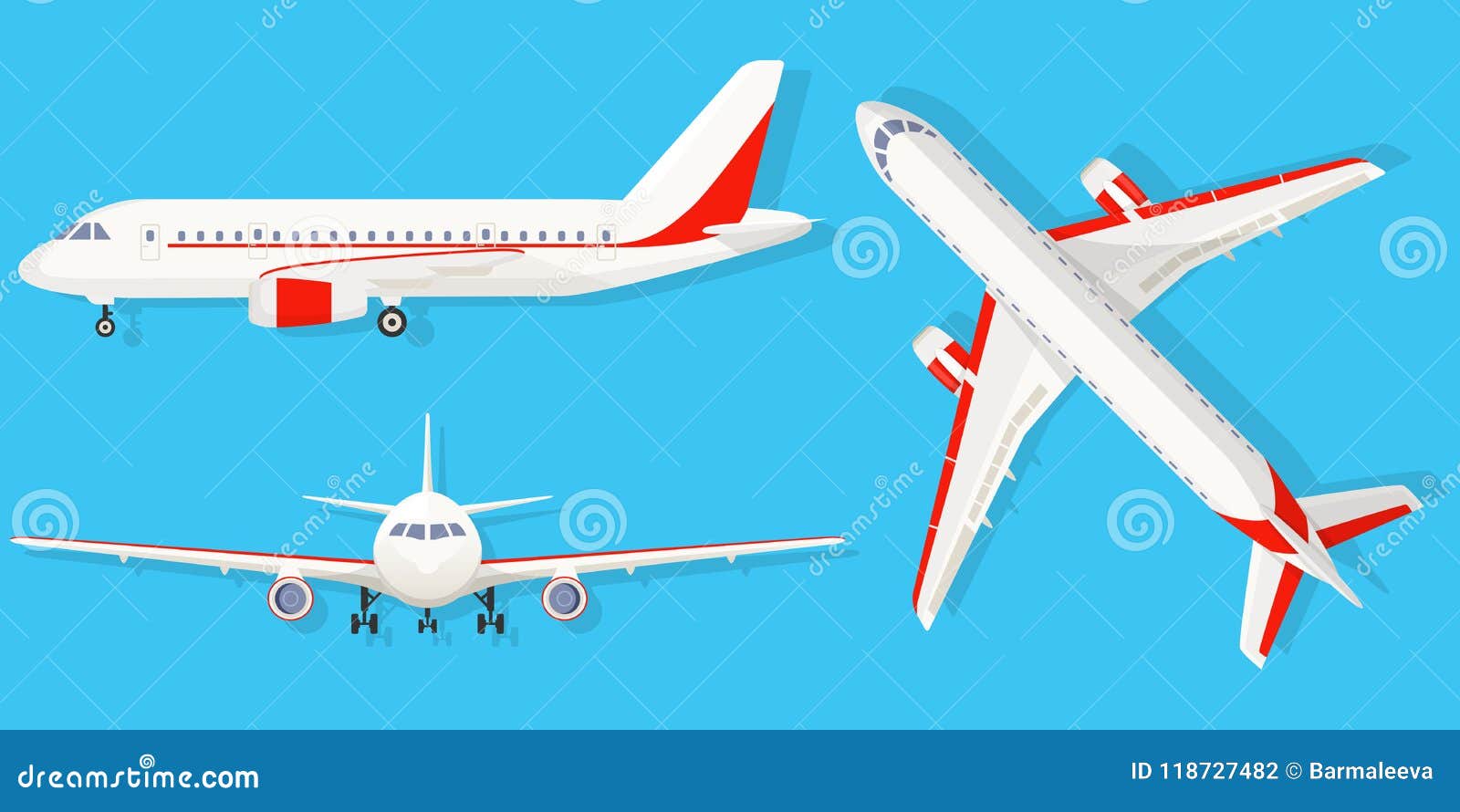 Airplane on Blue Background in Different Point of View. Airliner in Top ...